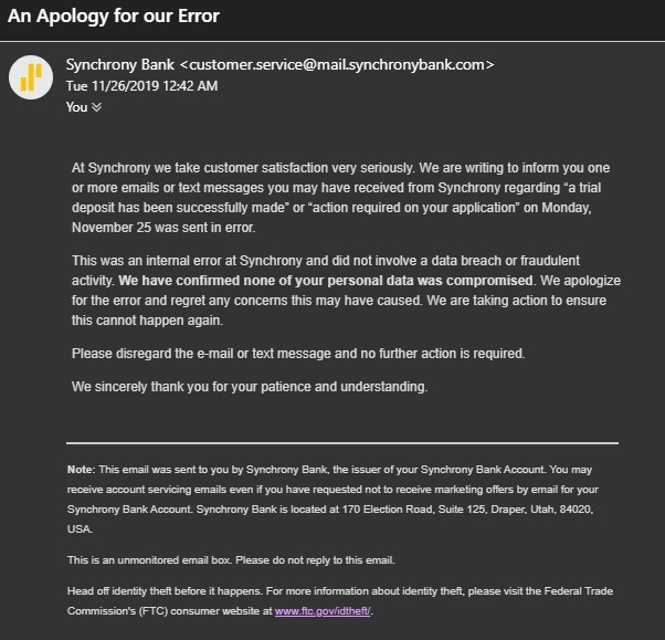 SYNCB auto-generated emails. A trial deposit to my... - myFICO® Forums ...