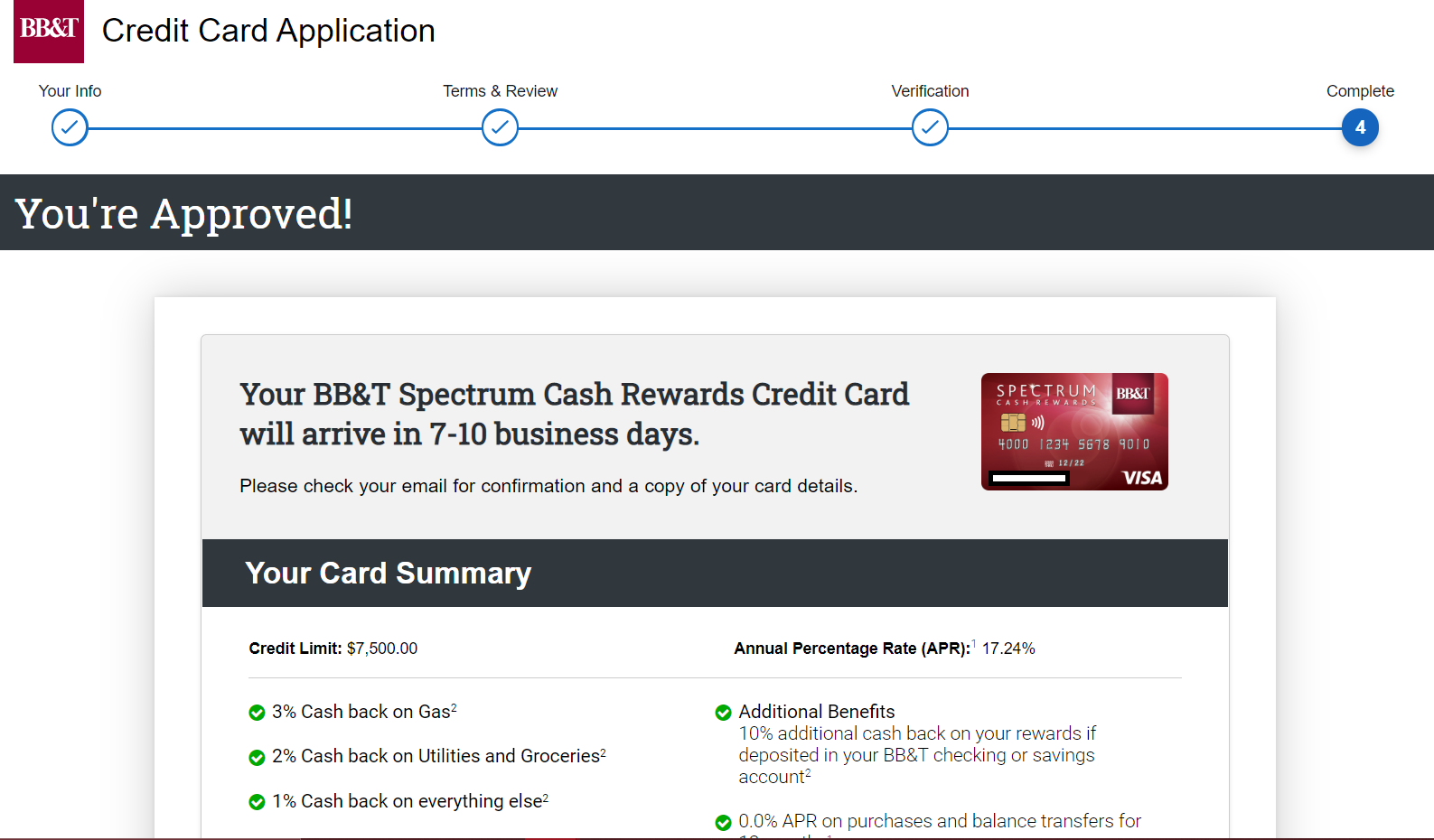 $7,500 BB&T Spectrum Cash Rewards Credit Card Appr... - myFICO® Forums ...