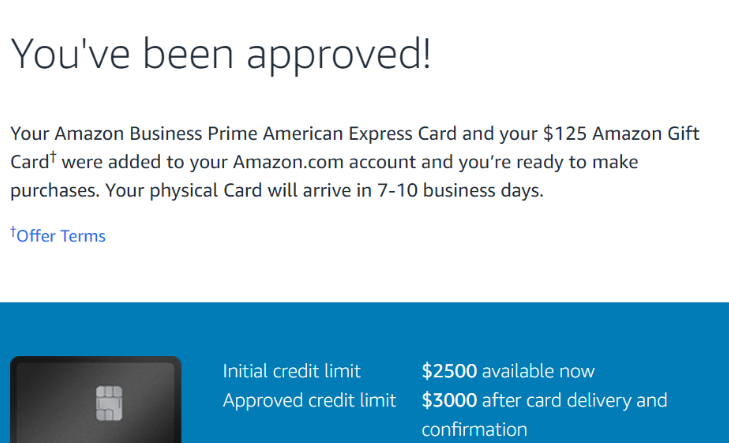 Amazon Business Prime Amex Approval - $3000 CL - myFICO® Forums - 6681133