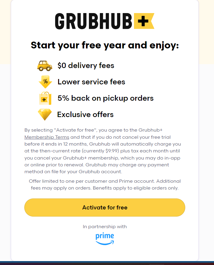 Grubhub + free for one year via Amazon Prime - myFICO® Forums - 6736033