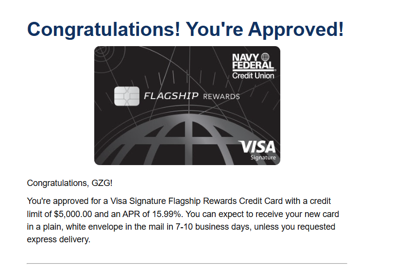 Navy Federal Flagship Approval - $5k SL - myFICO® Forums - 6822945